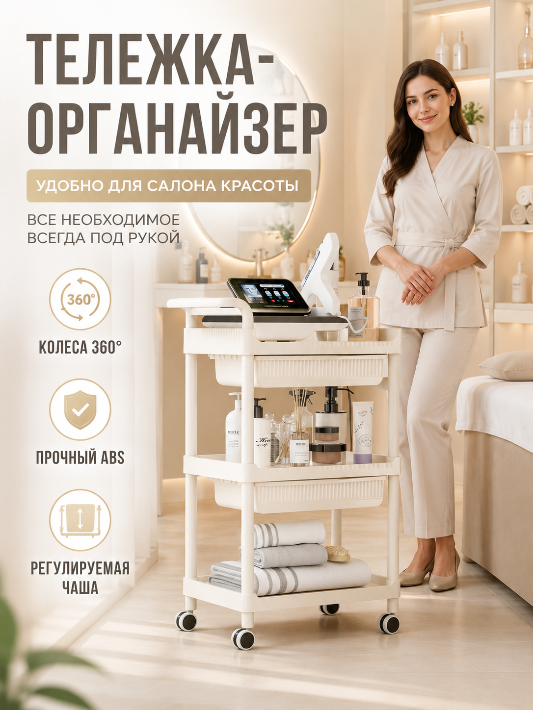 Косметическая тележка с роликами, компактная, для дома и салона, с местом под приборы и бутылочки