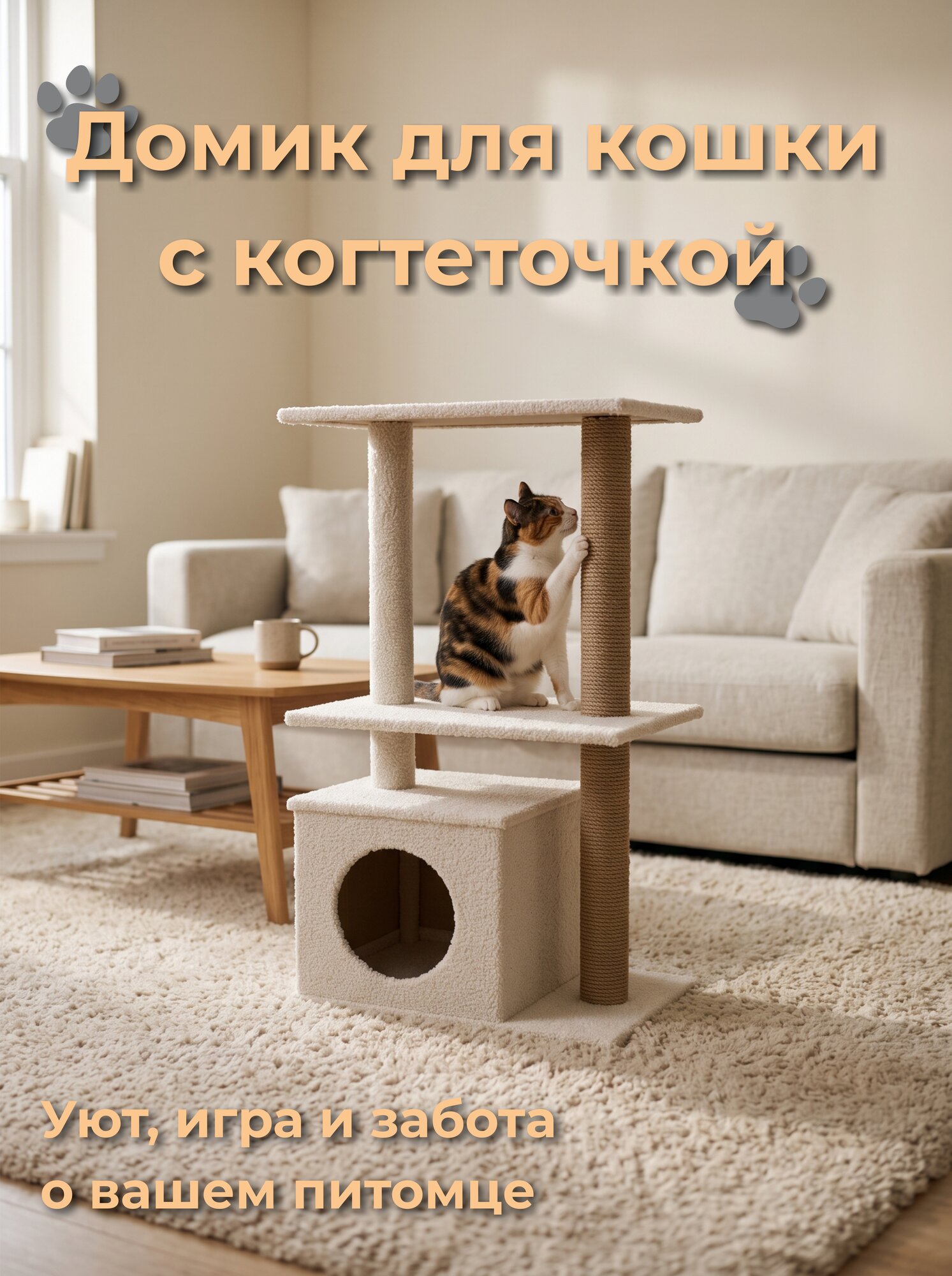 Комплекс домик когтеточка для кошек меховой