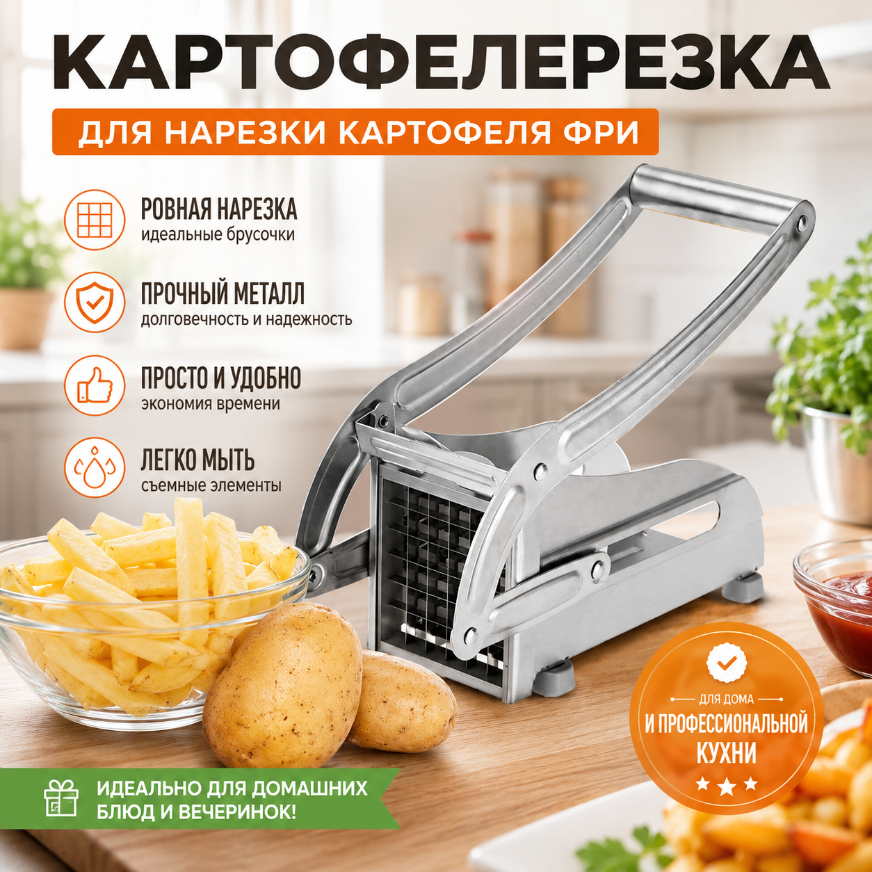 Картофелерезка для нарезки картофеля фри, овощей и фруктов выполнена из нержавеющей стали
