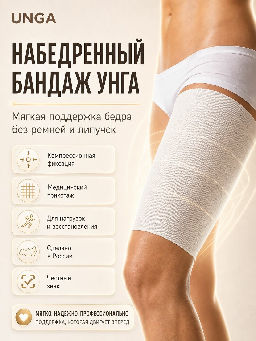 Бандаж на бедро компрессионный УНГА повязка для профилактики и лечения варикоза, воспалений, растяжений медицинский эластичный противоварикозный