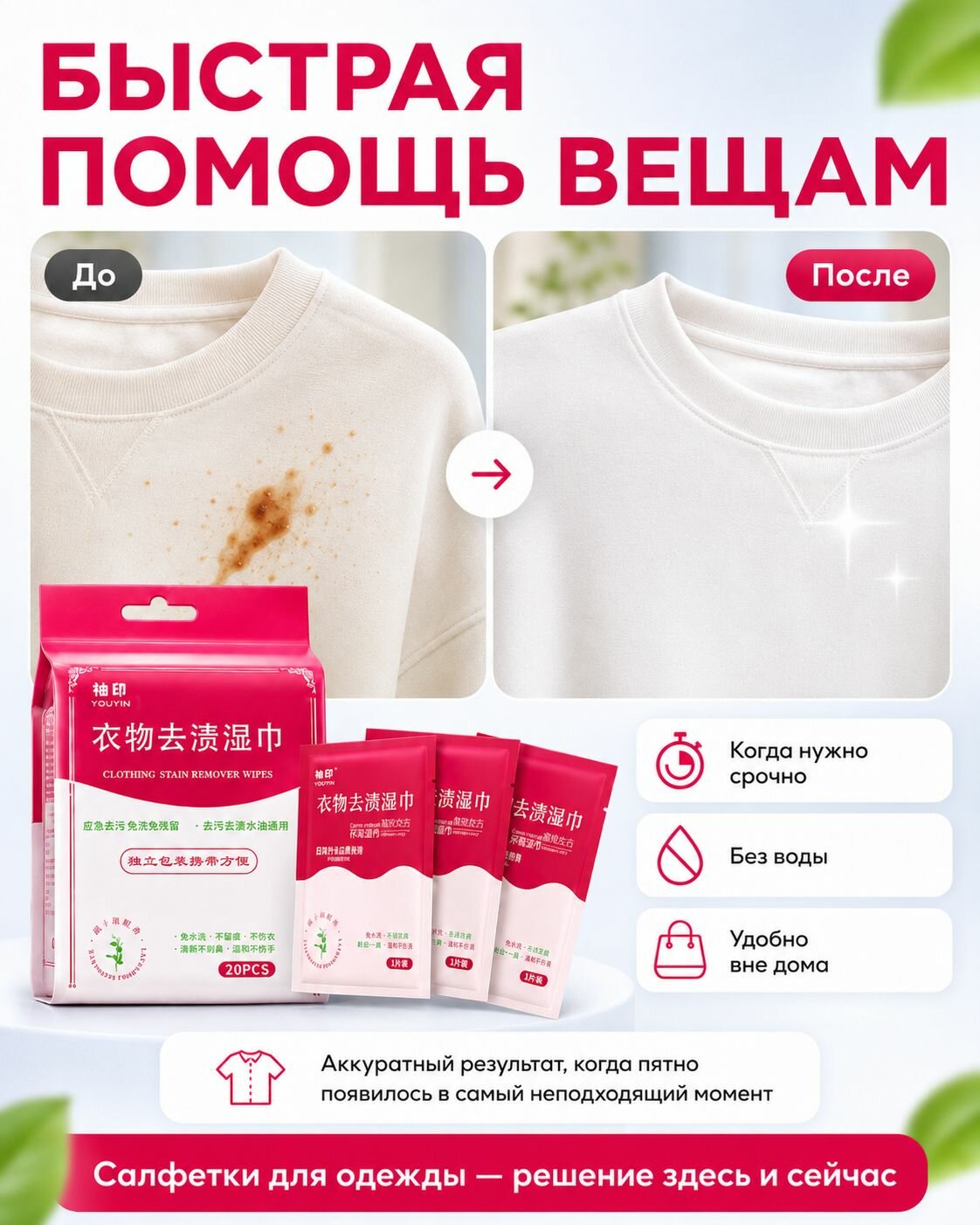 Салфетки от пятен на одежде влажные пятновыводящие