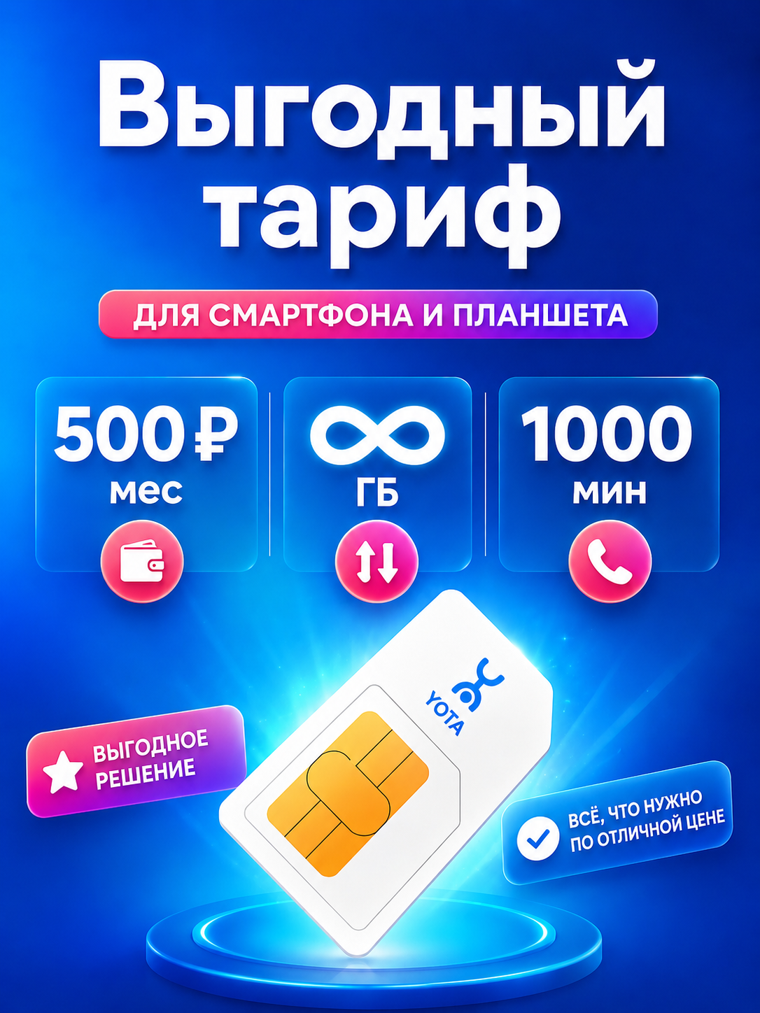 Сим-карта Yota "Безлимитный", для телефона, со связью и интернетом, 3G/4G