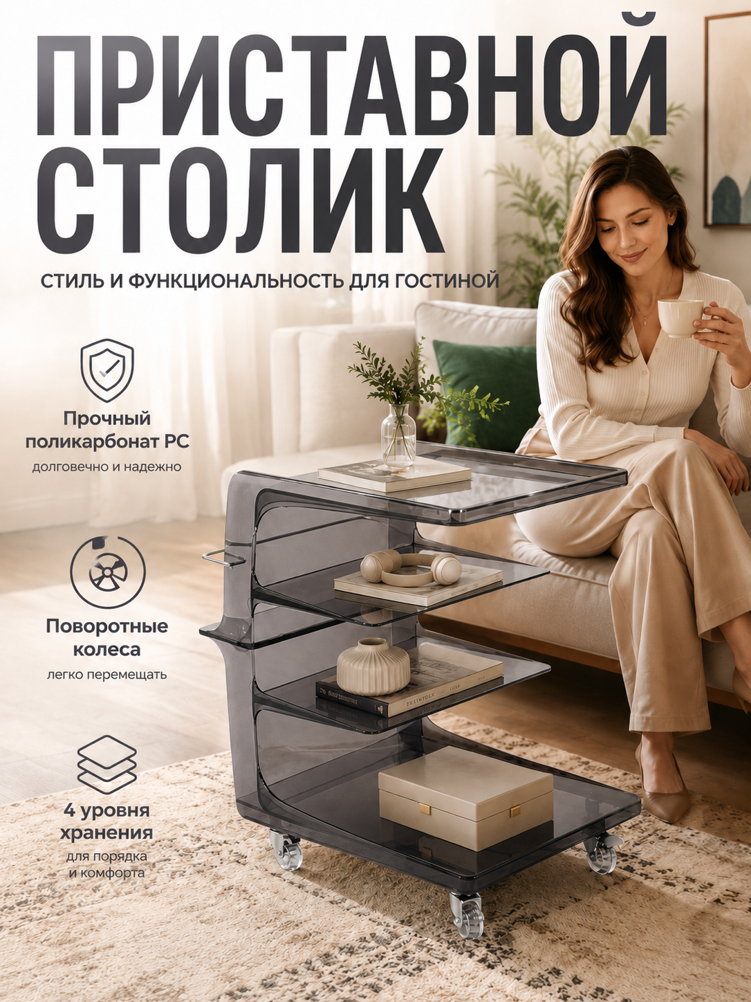 Приставной столик передвижной многоярусный с полками, органайзер для хранения книг, декора и аксессуаров в комнате