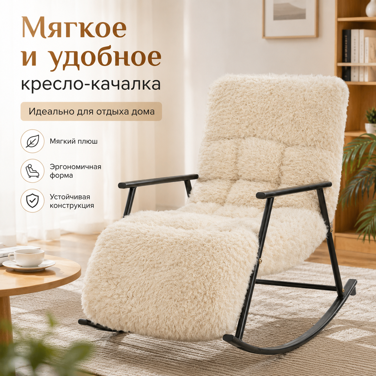 Мягкое кресло-качалка с пушистой обивкой, 5 регулируемых углов наклона, нагрузка до 150 кг, 60х96х100 см