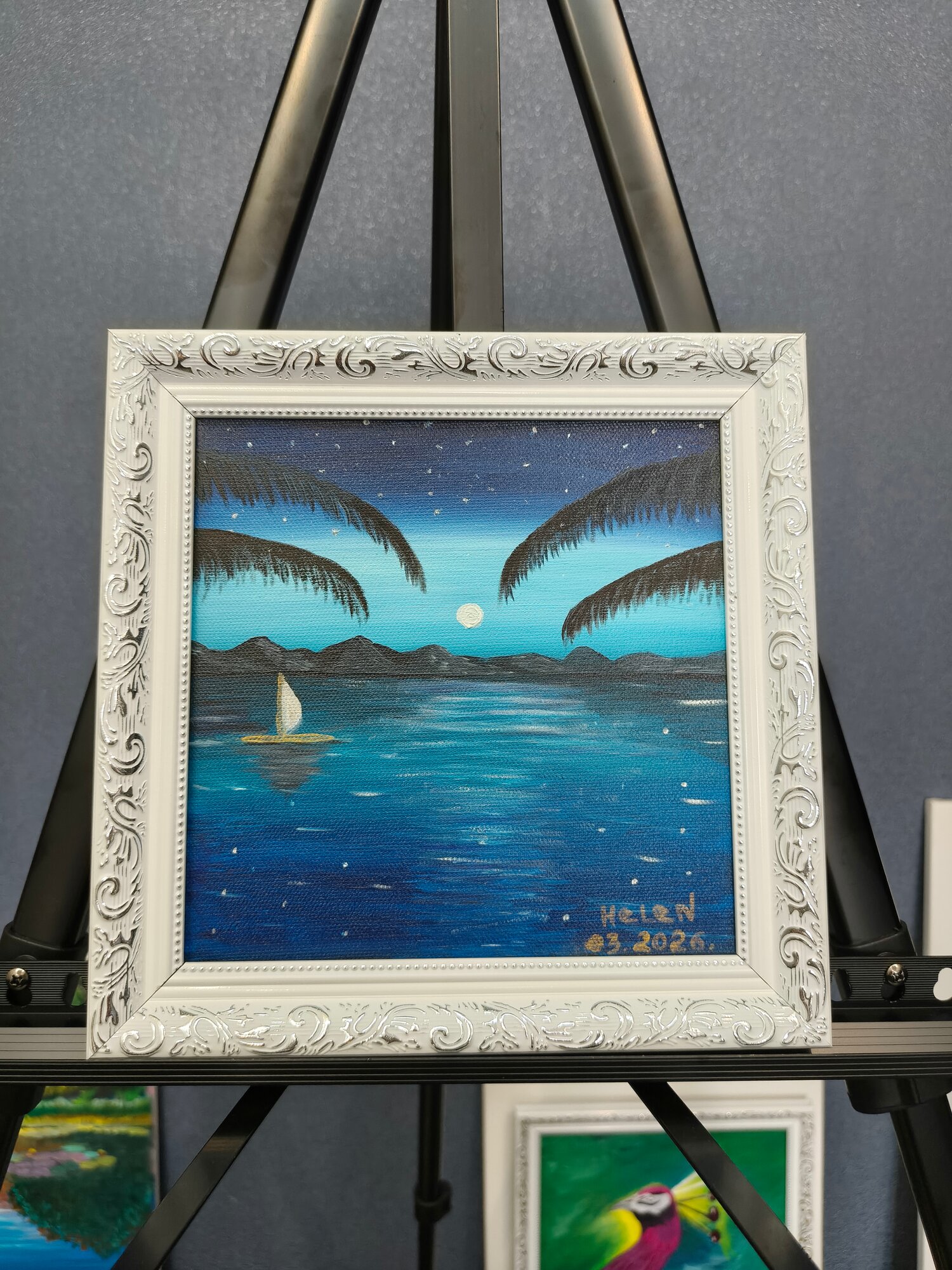 Картина на холсте "Море и пальмы", с подрамником, в багетной раме, 20x20 см, масло