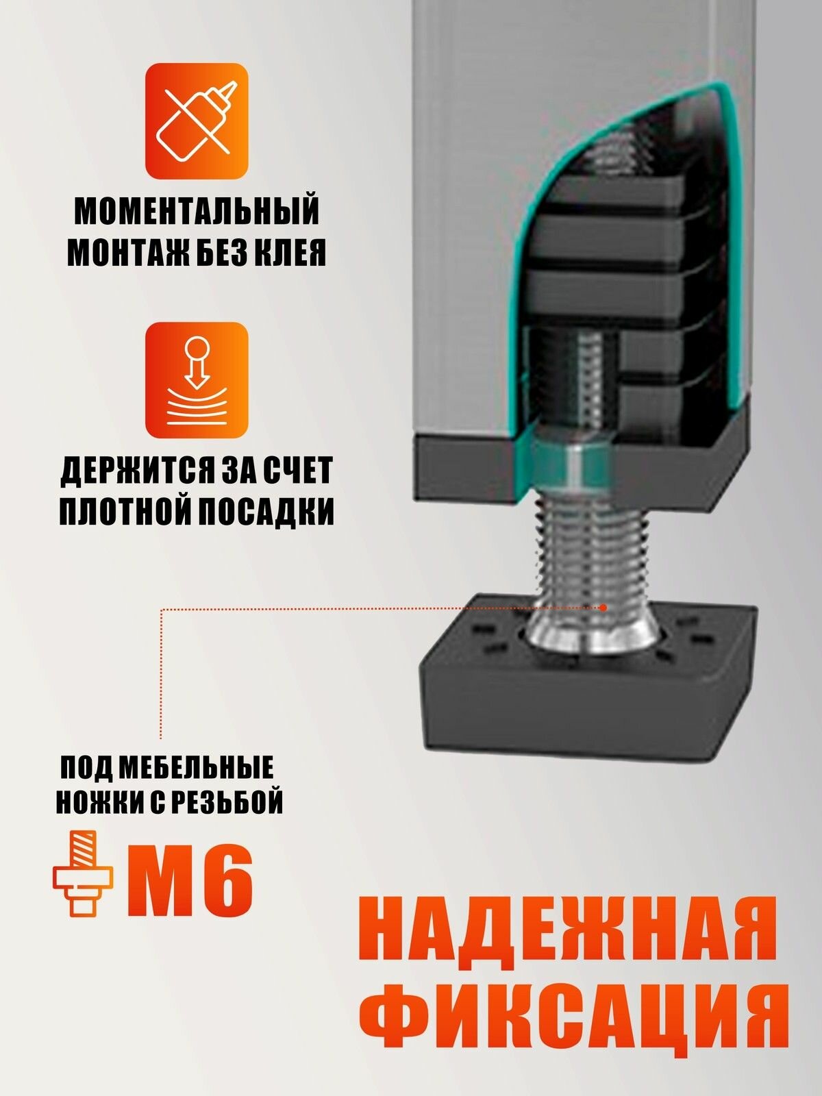 Заглушка квадратная пластиковая 15x15мм для профиля с металлической резьбой М6, цвет черный, 10 шт