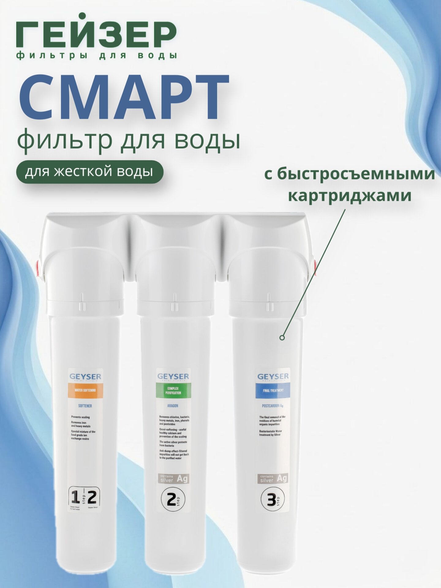 Фильтр для воды под мойку Гейзер Смарт для жесткой воды (без крана) с быстросъемными модулями