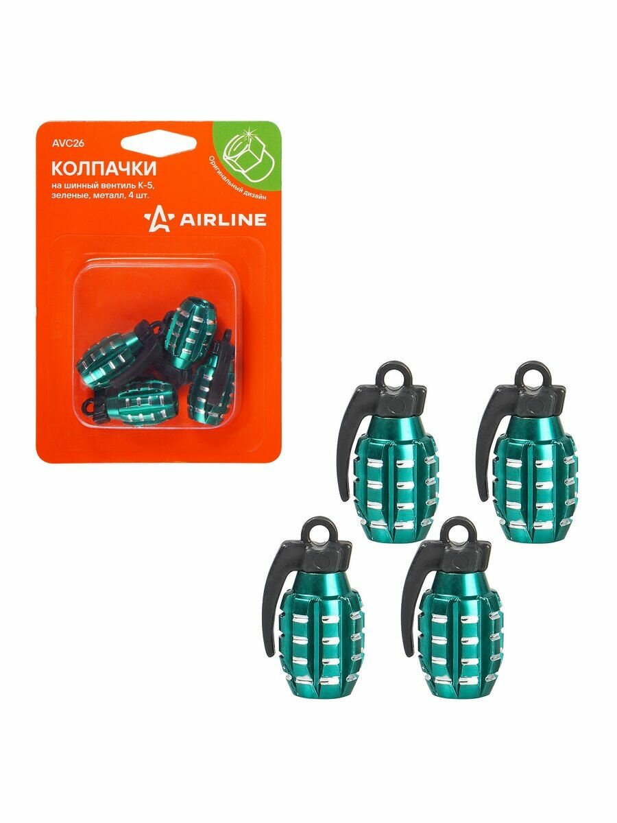 Колпачки на шинный вентиль K-5, зеленые, металл, 4 шт, AIRLINE AVC26