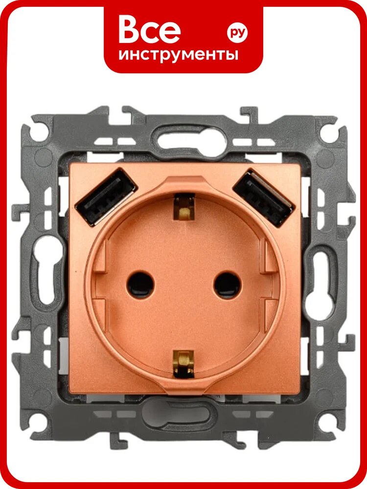 Розетка ЭРА 12410914 2PE 16A 250В, шторки, с 2xUSB 5В 3А,12, медь 10/100/2000 Б0047848