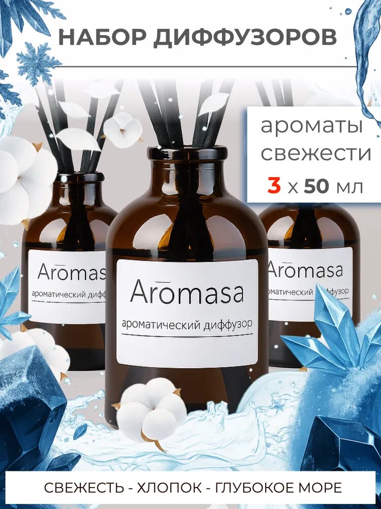 Диффузор для дома / Свежесть, глубокое море, хлопок / 3 шт