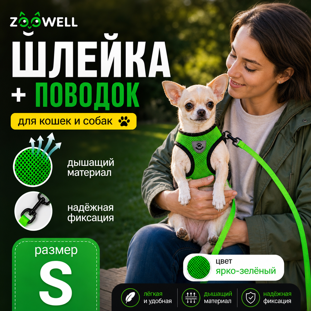 Регулируемая шлейка для кошек и собак, зеленый, размер S, безопасный, тактический стиль, ZooWell