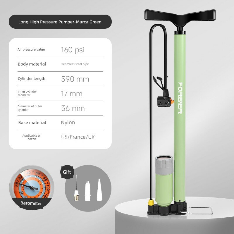 Высоконапорный велосипедный насос из нержавеющей стали 160PSI, длинная ручка, зеленый цвет, подходит для автомобилей