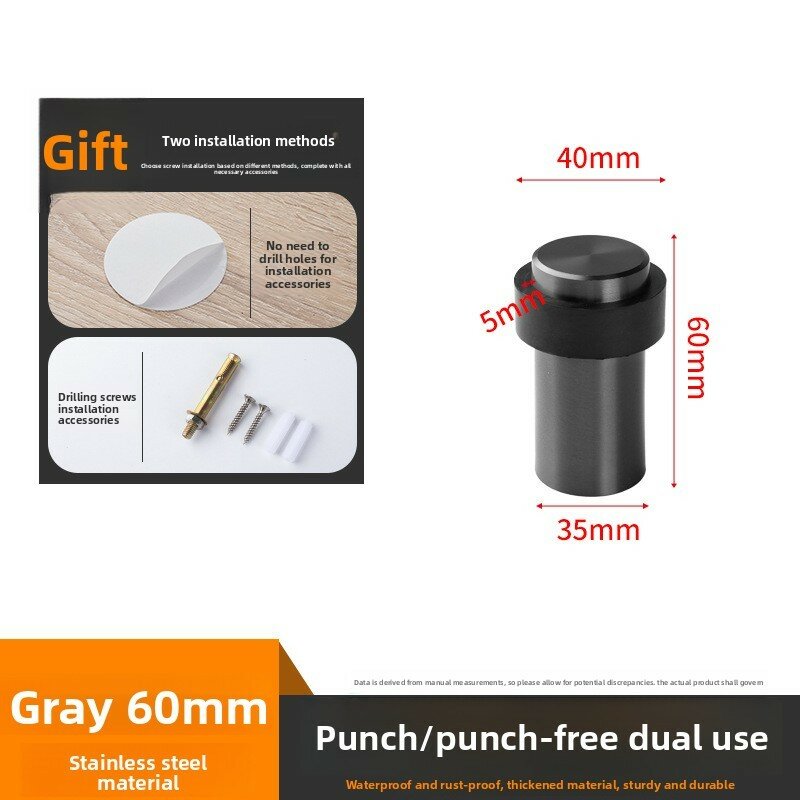 Door stop nonpunching stainless steel cylindrical design for home security and safety, gray