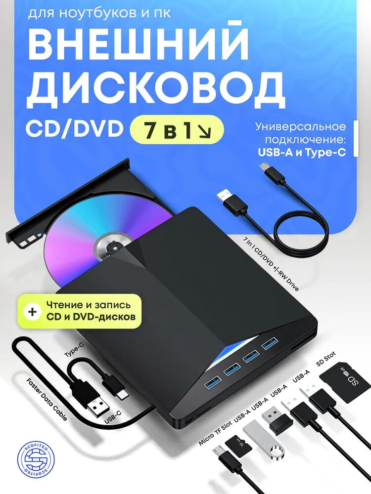 Дисковод для ноутбука внешний, оптический привод USB 3.0, Type-C CD/DVD-RW SCOFITEO