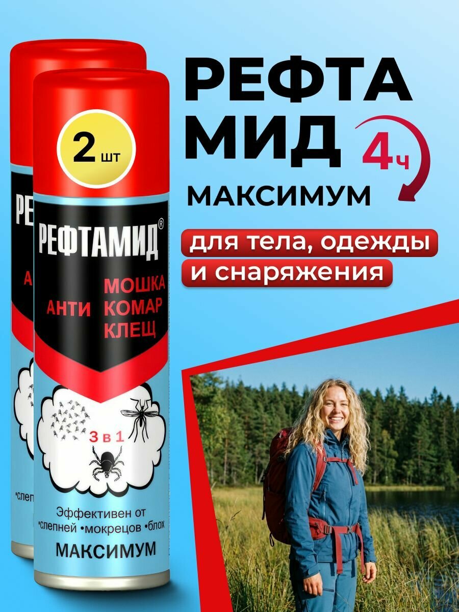 Аэрозоль от клещей комаров и мошки Рефтамид Максимум 3в1 / спрей репеллент на тело и одежду 4 часа защиты, набор 2 штуки по 147 мл. средство от гнуса и клещей защита от кровососущих репеллент для одежды