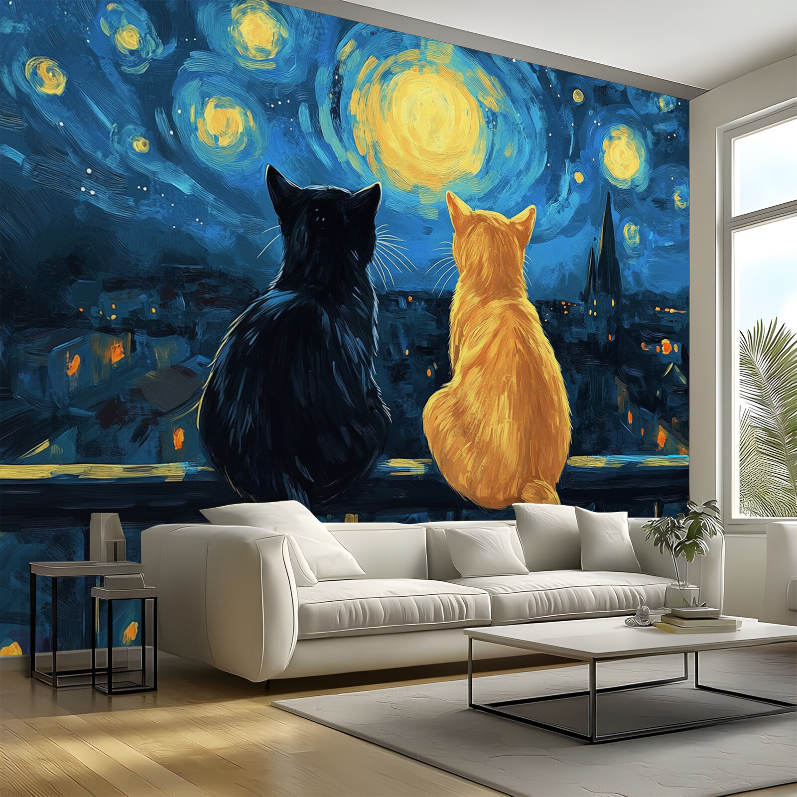 Рисование Фреска на холсте для гостиной 194х136CM, Звездное Небо, Кот самоклеящаяся, HD печать, водонепроницаемый