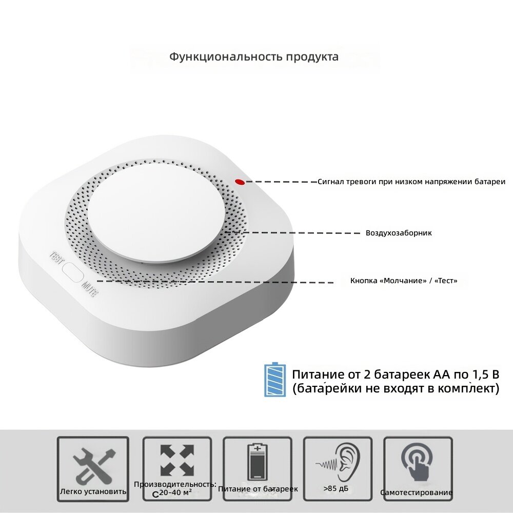 Дымовой извещатель фотоэлектрический, с питанием от батареи и резервным сетевым подключением, светодиодный индикатор, кнопка тестирования, для дома, 1 шт.