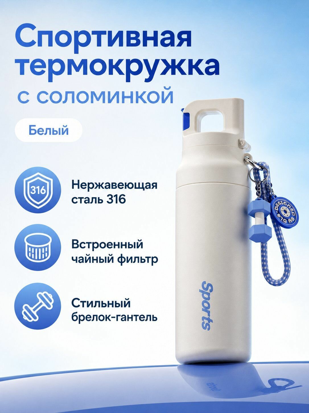Термокружка спортивная 580 мл с фильтром и подвеской: белая с плетеным ремешком и чайным отсеком