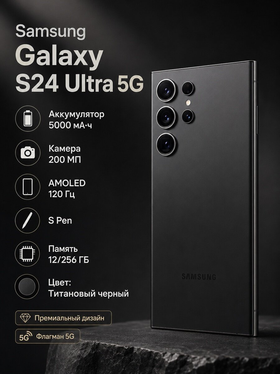 Смартфон Samsung Galaxy S24 Ultra 5G 12 ГБ/256 ГБ, черный, камера 200 МП