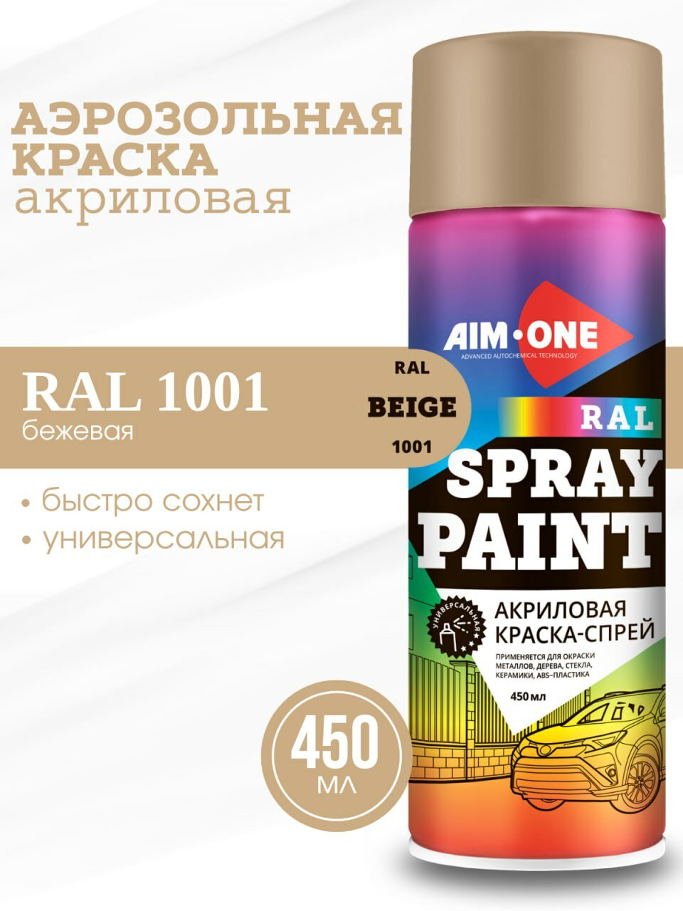 AIM-ONE Аэрозольная краска Быстросохнущая, Гладкая, Акриловая, Глянцевое покрытие, Полуглянцевое покрытие, 0.45 л, 0.38 кг, белый акриловая аэрозоль быстросохнущая белая 0.45л глянцевая полуглянцевая