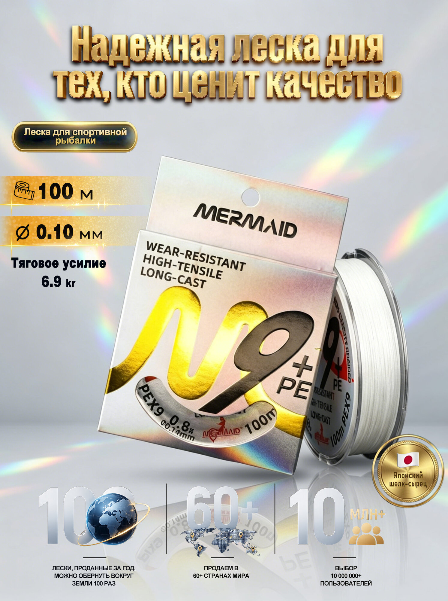 Плетеный шнур для рыбалки PE X9, 0,1 мм, 100 м