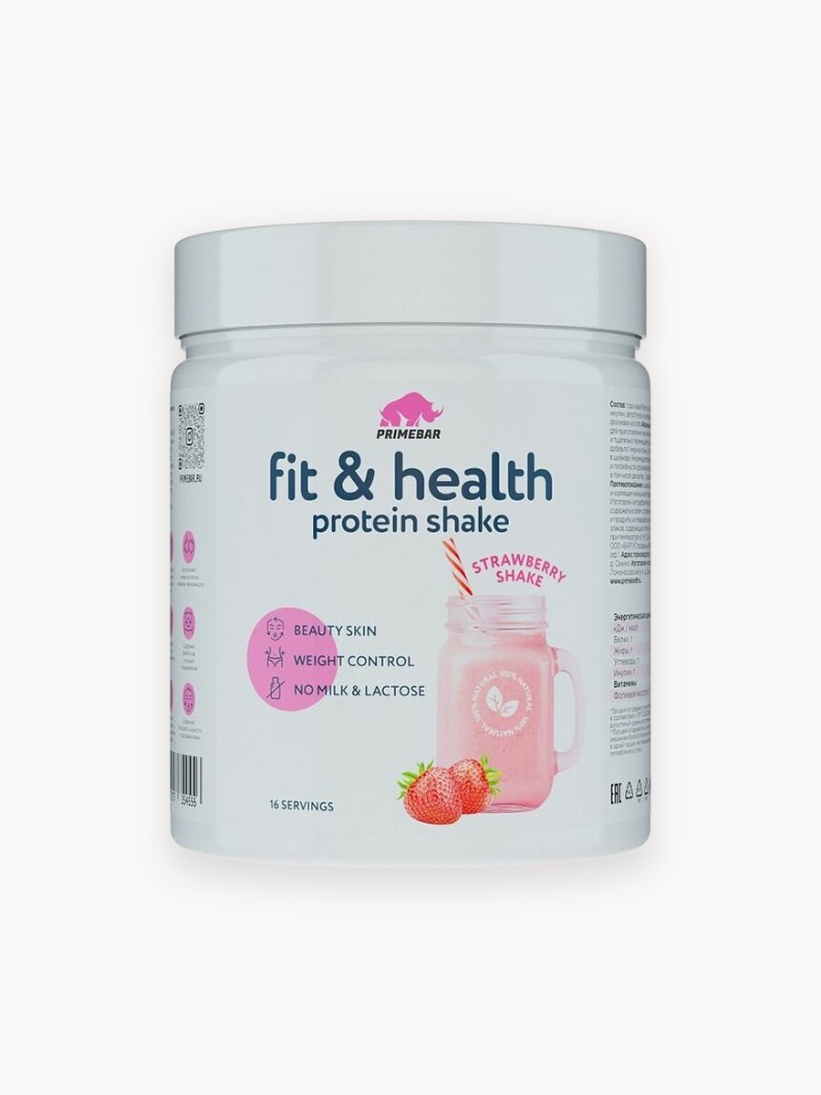 Растительный протеин Fit & Health Protein Shake PRIMEBAR Клубничный коктейль, 500 г / Без лактозы / Гороховый белок