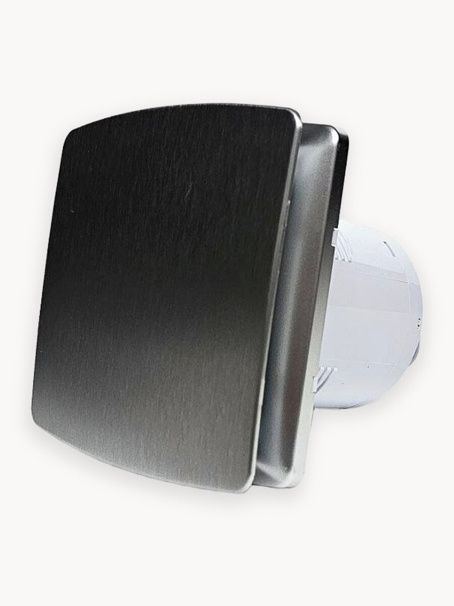 Вентилятор вытяжной 100 мм канальный осевой настенный с обратным клапаном, декоративная накладка, цвет серебристый (для кухни, ванной, санузла, туалета)