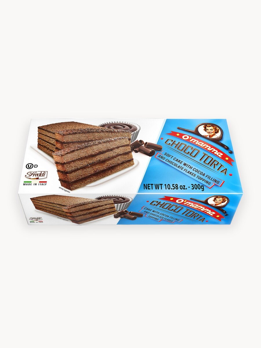 Бисквитный шоколадный торт FREDDI O'Mamma CHOCO с шоколадной начинкой, покрытый хлопьями шоколада, 300г