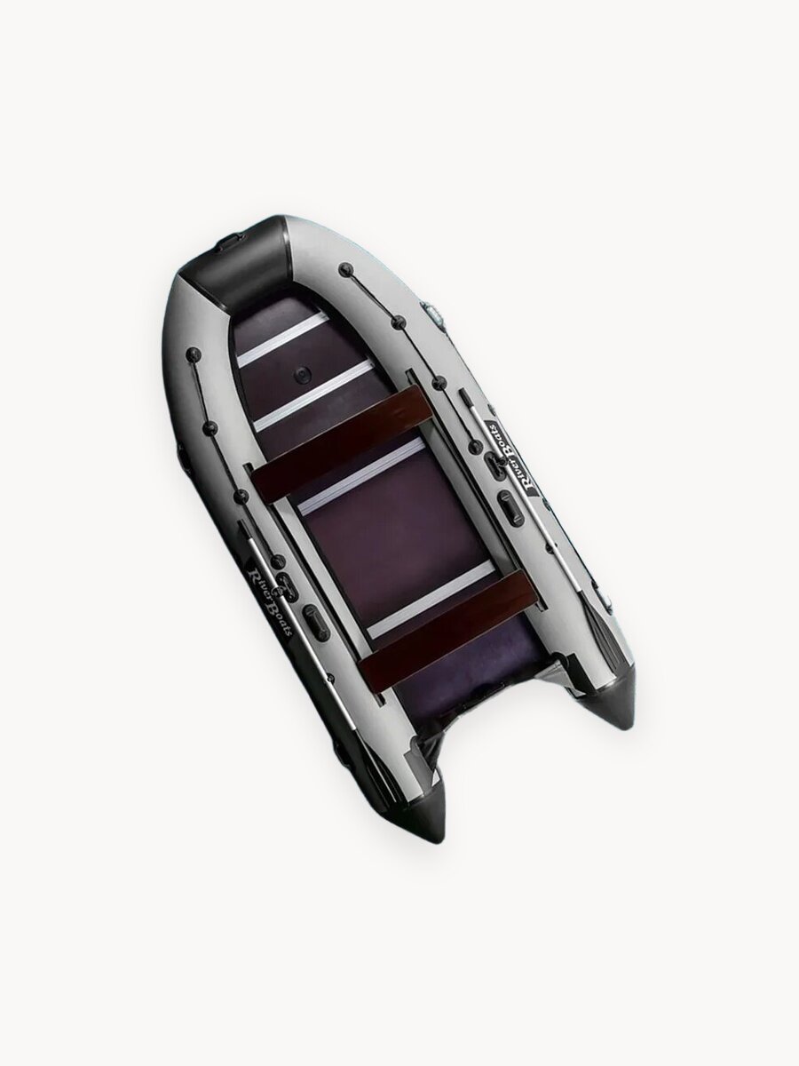 Лодка ПВХ под мотор с килем RiverBoats RB 390 черно-серая надувная для рыбалки с жестким полом в комплекте