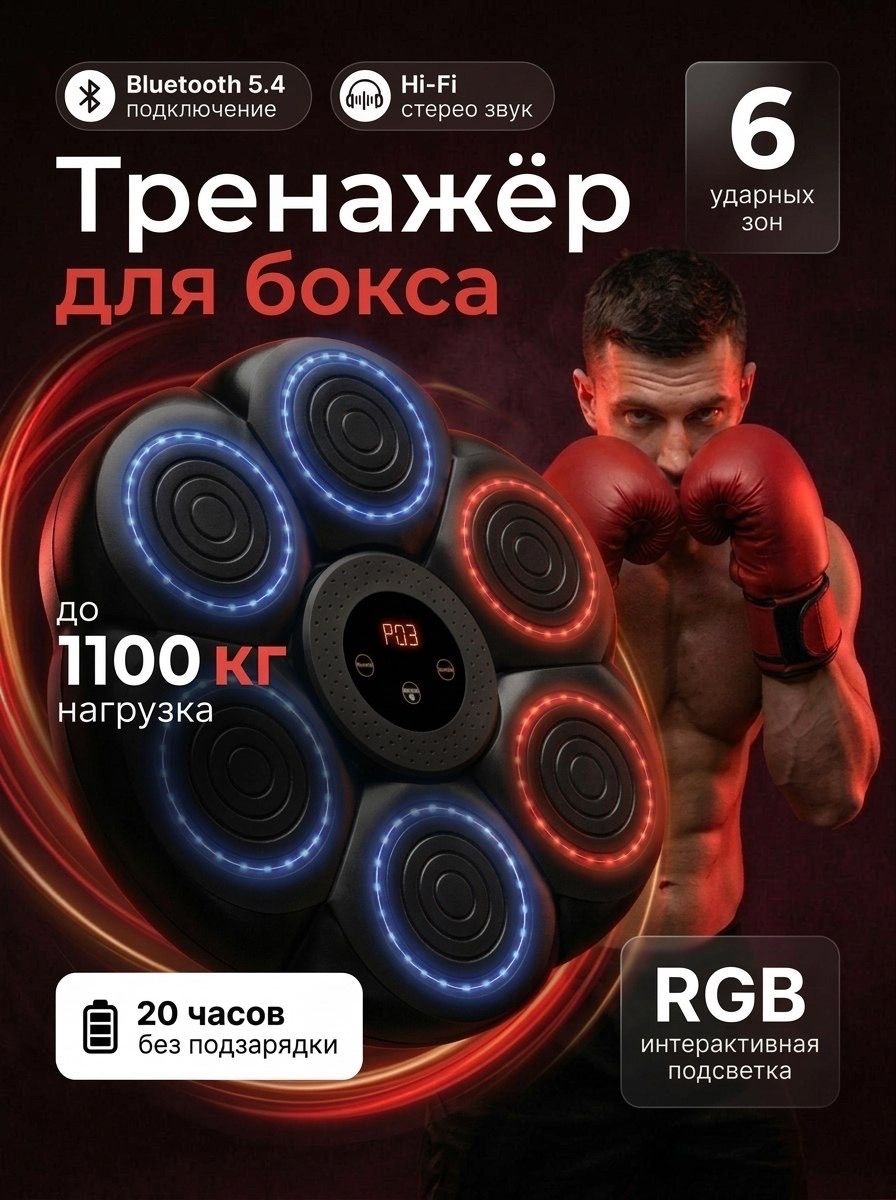 Умный тренажер для бокса интерактивный домашний для тренировок с подсветкой и музыкой bluetooth