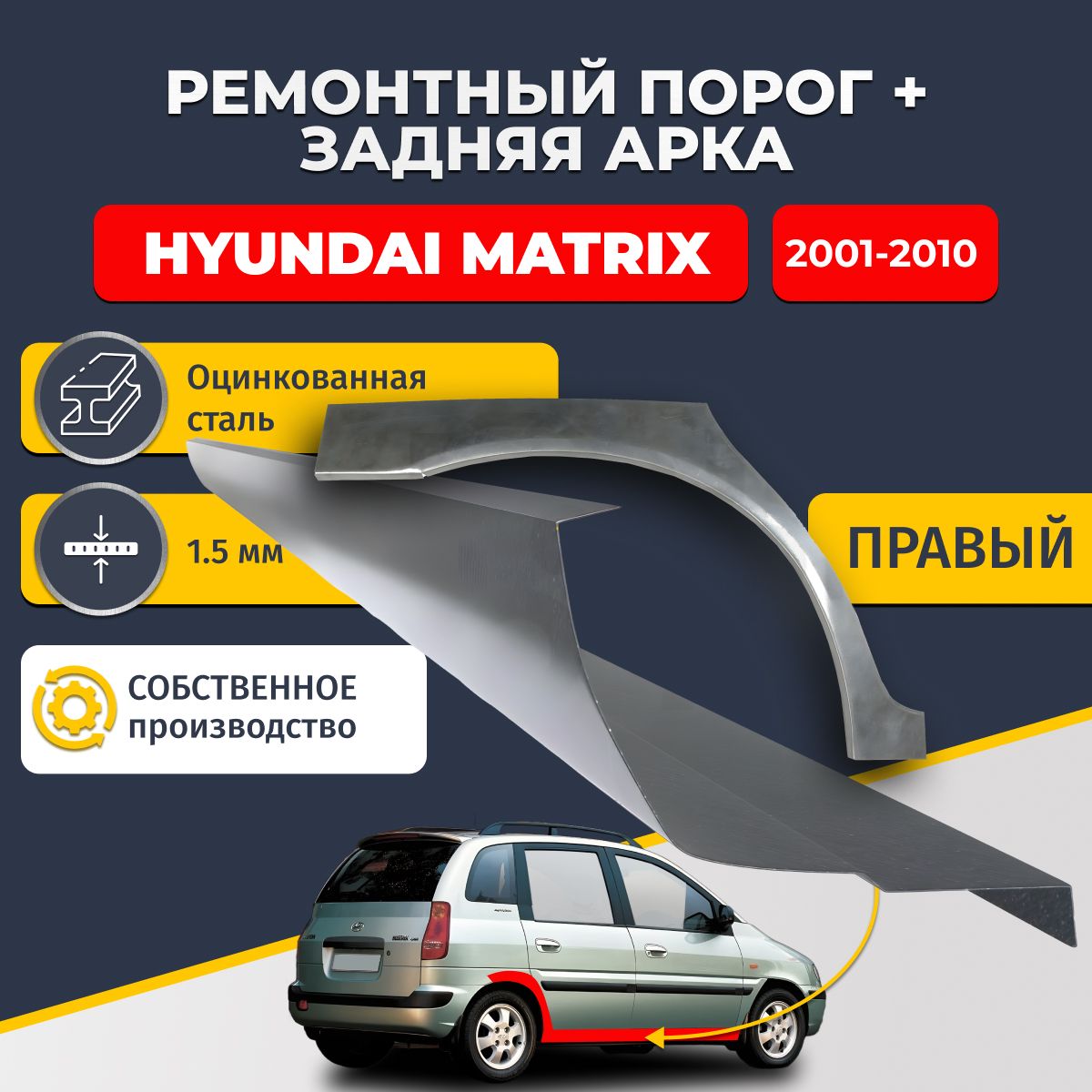 Правая ремонтная задняя арка (0.8 мм) и правый ремонтный стандартный порог (1.5 мм) на Hyundai Matrix 2001-2010 (Хендай Матрикс). Материал оцинкованная сталь.