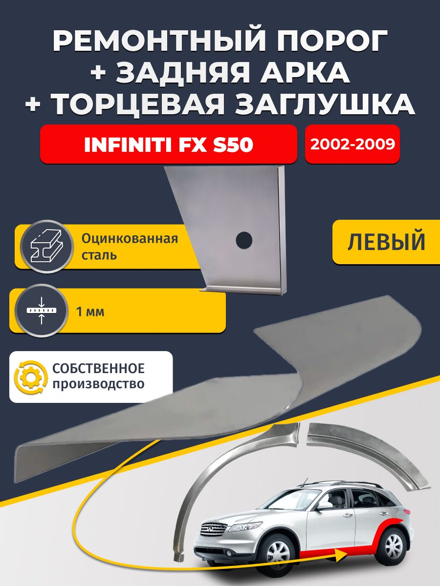 Левая задняя ремонтная арка (0,8 мм) и левый стандартный ремонтный порог (1 мм) + торцевая заглушка (1 мм) на Infiniti FX S50 2002 - 2009 (Инфинити ФХ35). Оцинкованная сталь