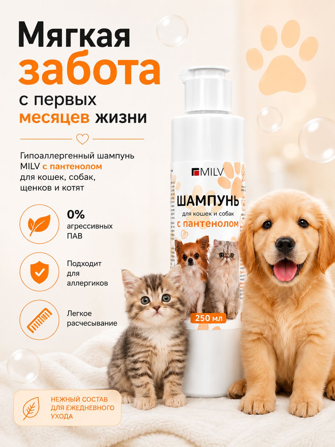 Шампунь для собак и кошек гипоаллергенный MILV с пантенолом от зуда и раздражения, восстанавливающий зоошампунь для щенков и котят, 250 мл