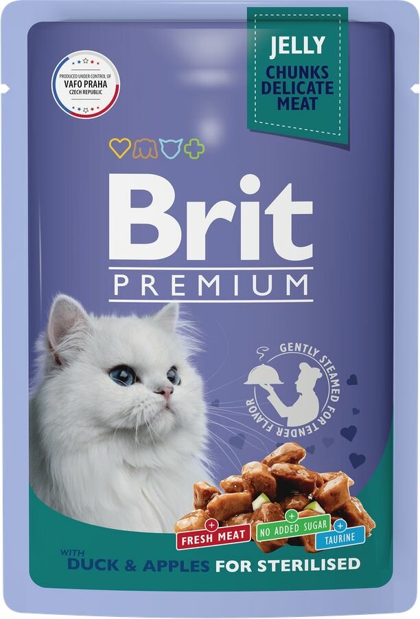 Корм консервированный для взрослых кошек BRIT Premium Утка с яблоками в желе, для стерилизованных, 85г x 5 упаковок
