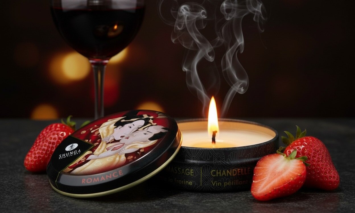 Массажная свеча Shunga "Sparkling Strawberry Wine", с ароматом клубничного вина, 30мл