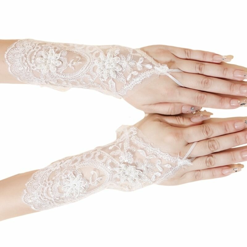 Кружевные перчатки без пальцев для свадебного платья-белый