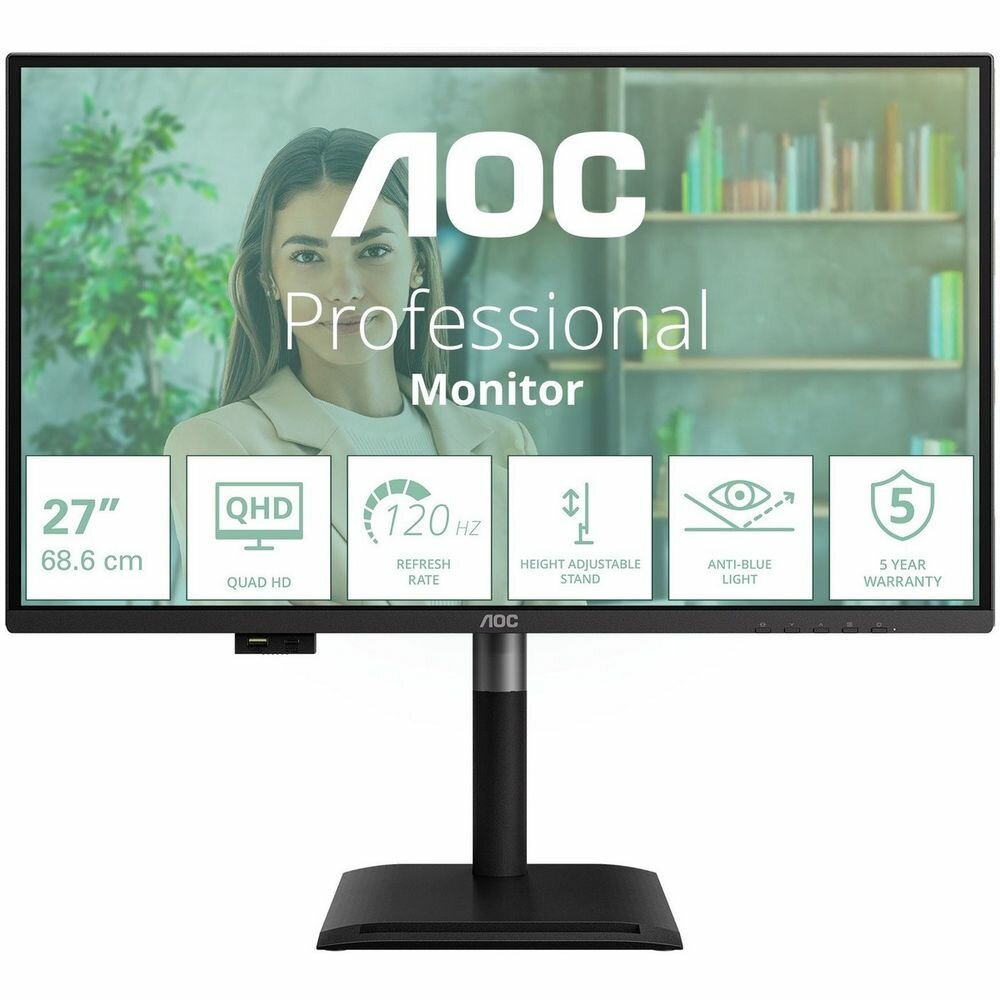 Монитор 27" AOC Q27P4U Black (IPS, 2560x1440, 120Hz, 4 ms, 350 cd/m, 1500:1, HDMI 2.0x2, DisplayPort 1.2, USB HUB (3.2) USB-C PD: 15 Вт, Pivot, MM)