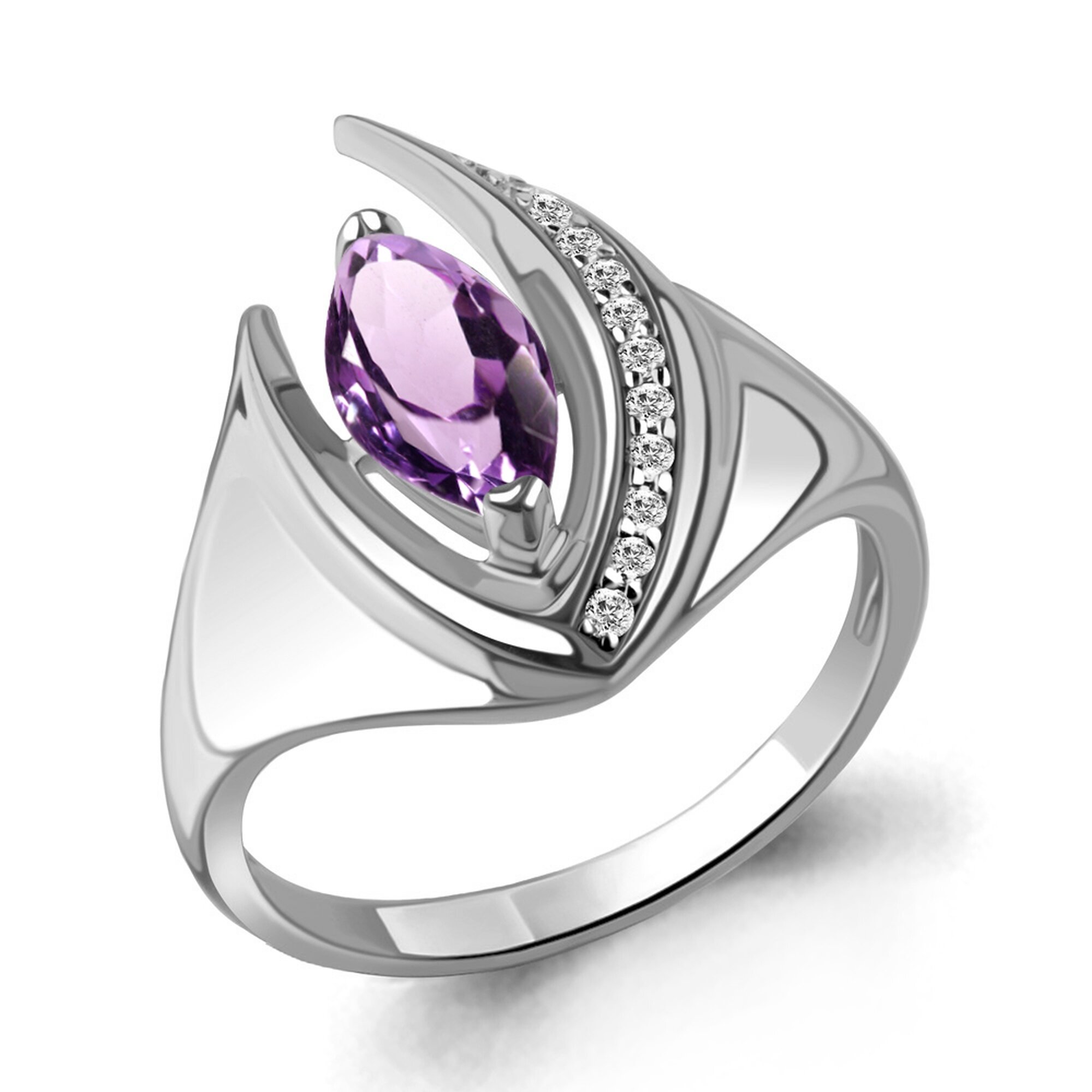 Кольцо, серебро, 925 проба, родирование, аметист, фианит
