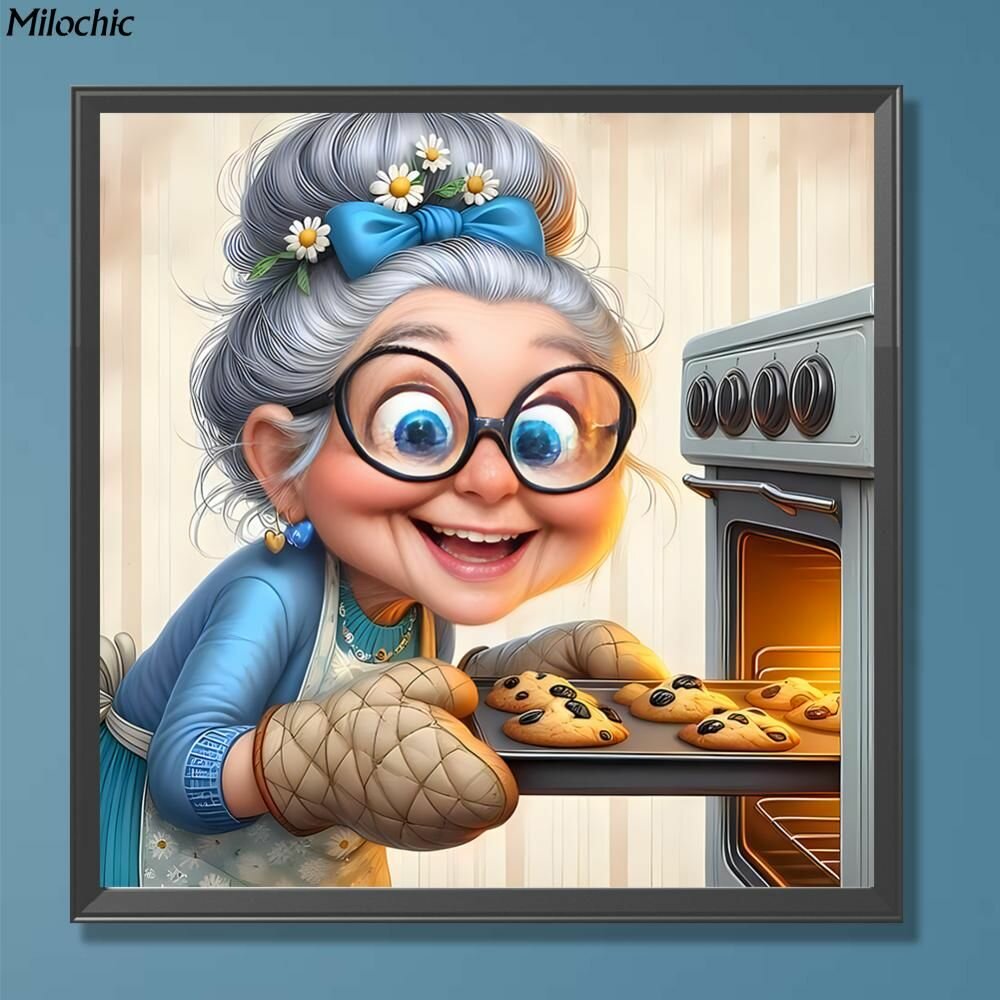 Круглая алмазная картина из смолы с бриллиантами 30*30 см, полная бриллиантов, серия забавных бабушкиных персонажей