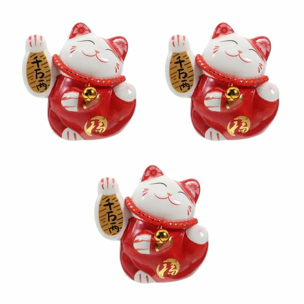 Копилка maneki-neko, керамическая, манящий кот, красная, 3 шт.