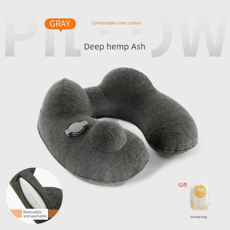 Шейный подушка с пеной memory foam для самолета, быстрая надувка, мягкая хлопковая ткань, темно-серый, компактный с
