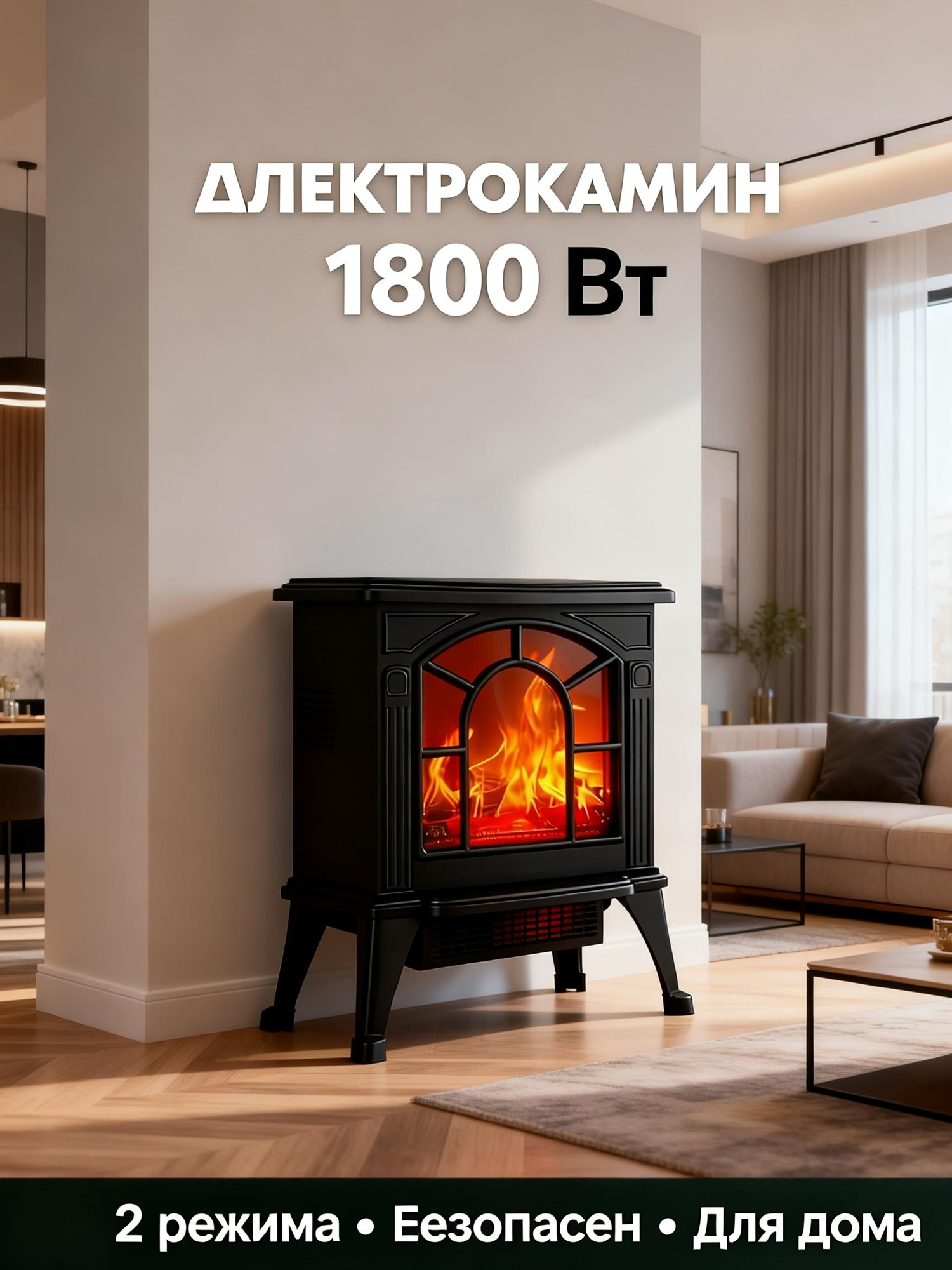 Камин электрический напольный, с обогревом и имитацией огня (Электрокамин)