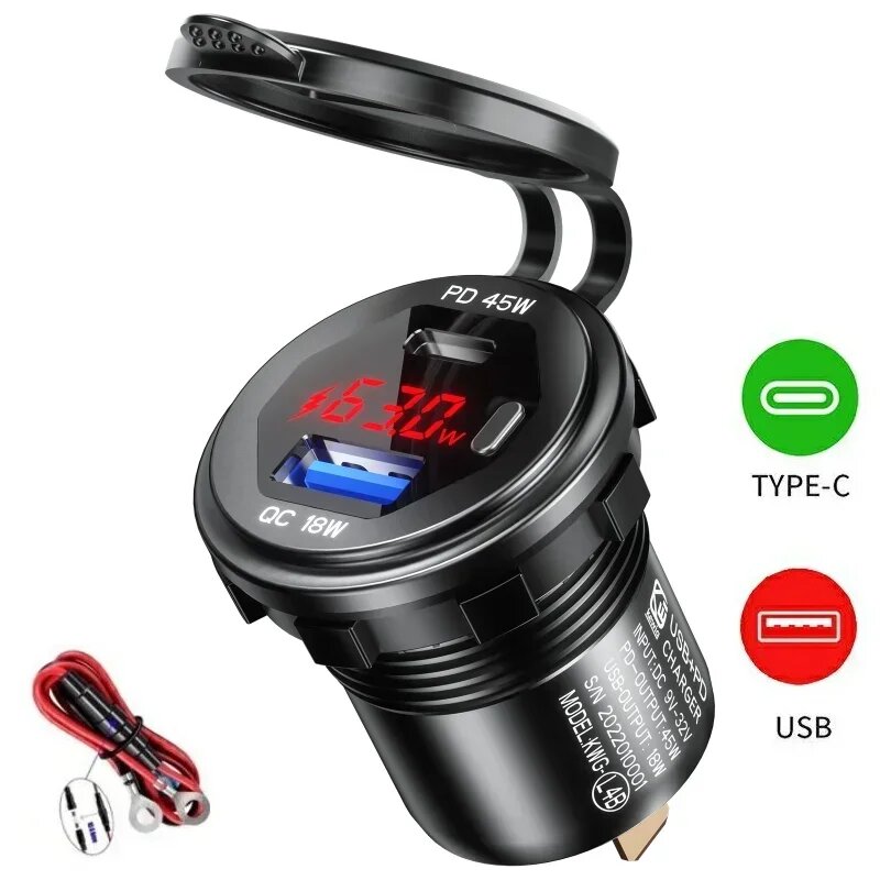 Алюминиевый адаптер для быстрой зарядки 3,0 и PD Dual USB Автомобильное зарядное устройство 12 В/24 В 63 Вт двойной USB гнездо мотоцикла Red PD QC wired