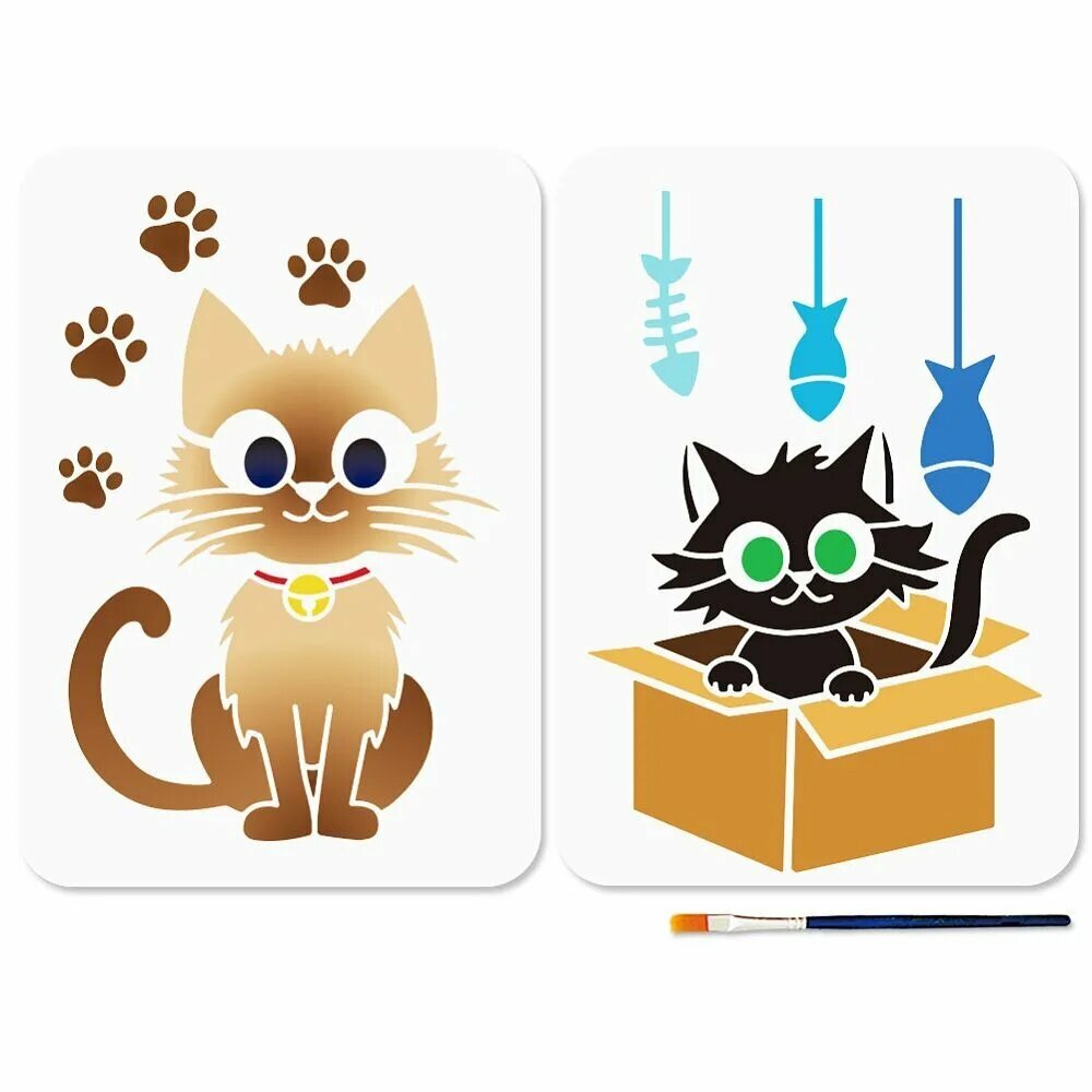 2 стиля: трафарет с изображением мультяшного кота и рыбьих костей, 11,7 x 8,3 дюйма, трафарет с отпечатками лап кошки и кисточкой, шаблон для картонной коробки с котом