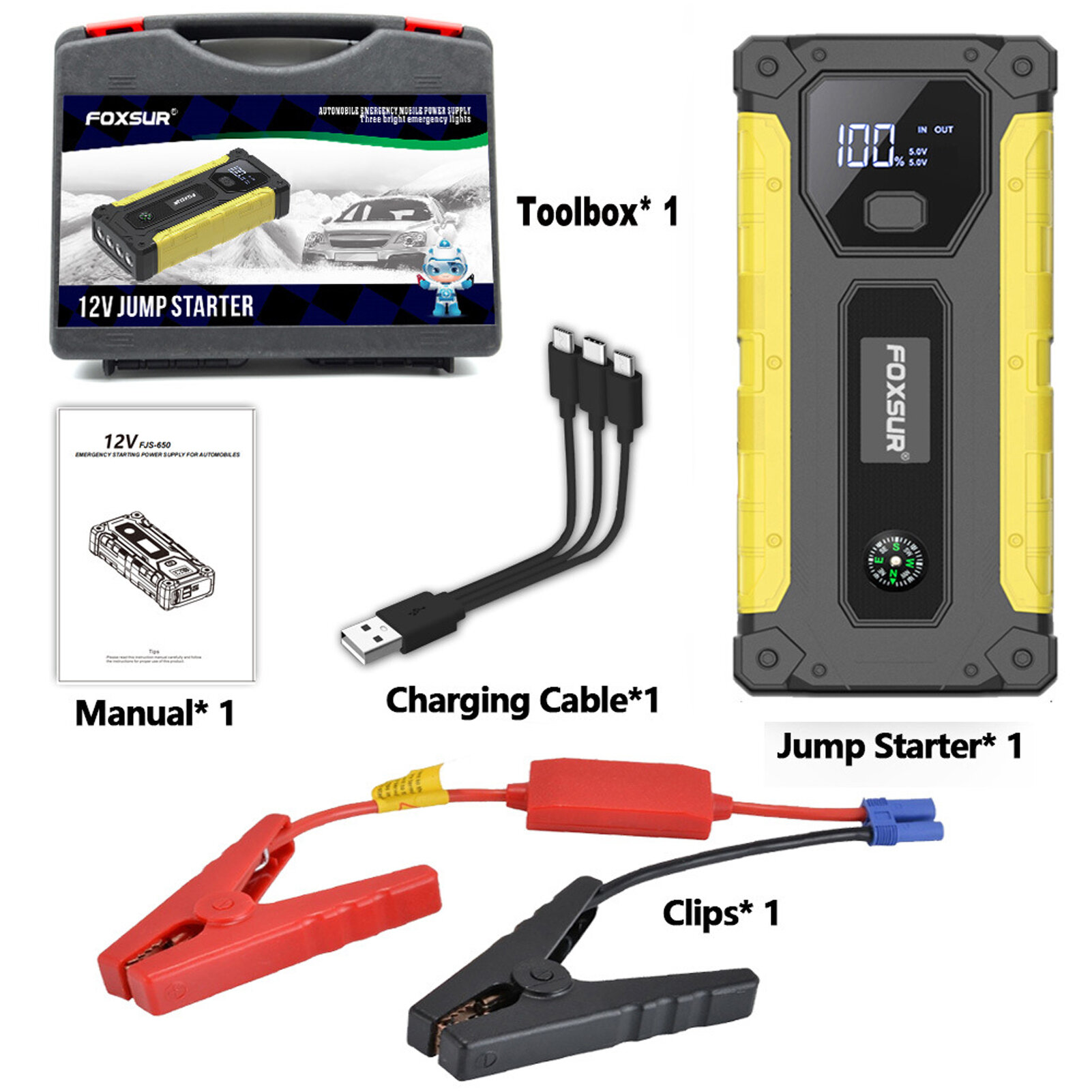 Автомобильный аккумулятор FOXSUR Jump Starter 12 В, Портативный блок питания, Компас, Подсветка, Мигающий сигнал SOS для внедорожника, Грузовика, Мотоцикла, USB Быстрая зарядка и порт Type C, можно использовать дизель 5,0 л, Бензин 6,0 л