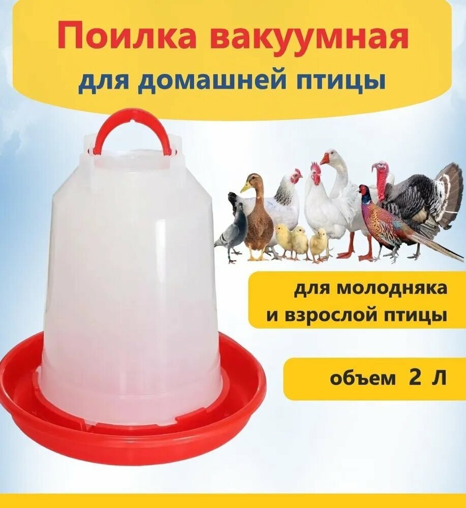 Поилка вакуумная, объем 2 л, из пищевого пластика; можно поставить на поверхность или подвесить за удобную ручку; применяется для поения домашней птицы и цыплят
