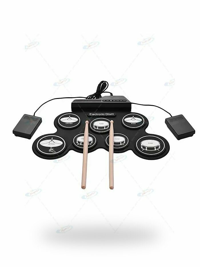 Электронная барабанная установка с 7 пэдами, рулонная, черная, 43 x 28 x 2,7 см