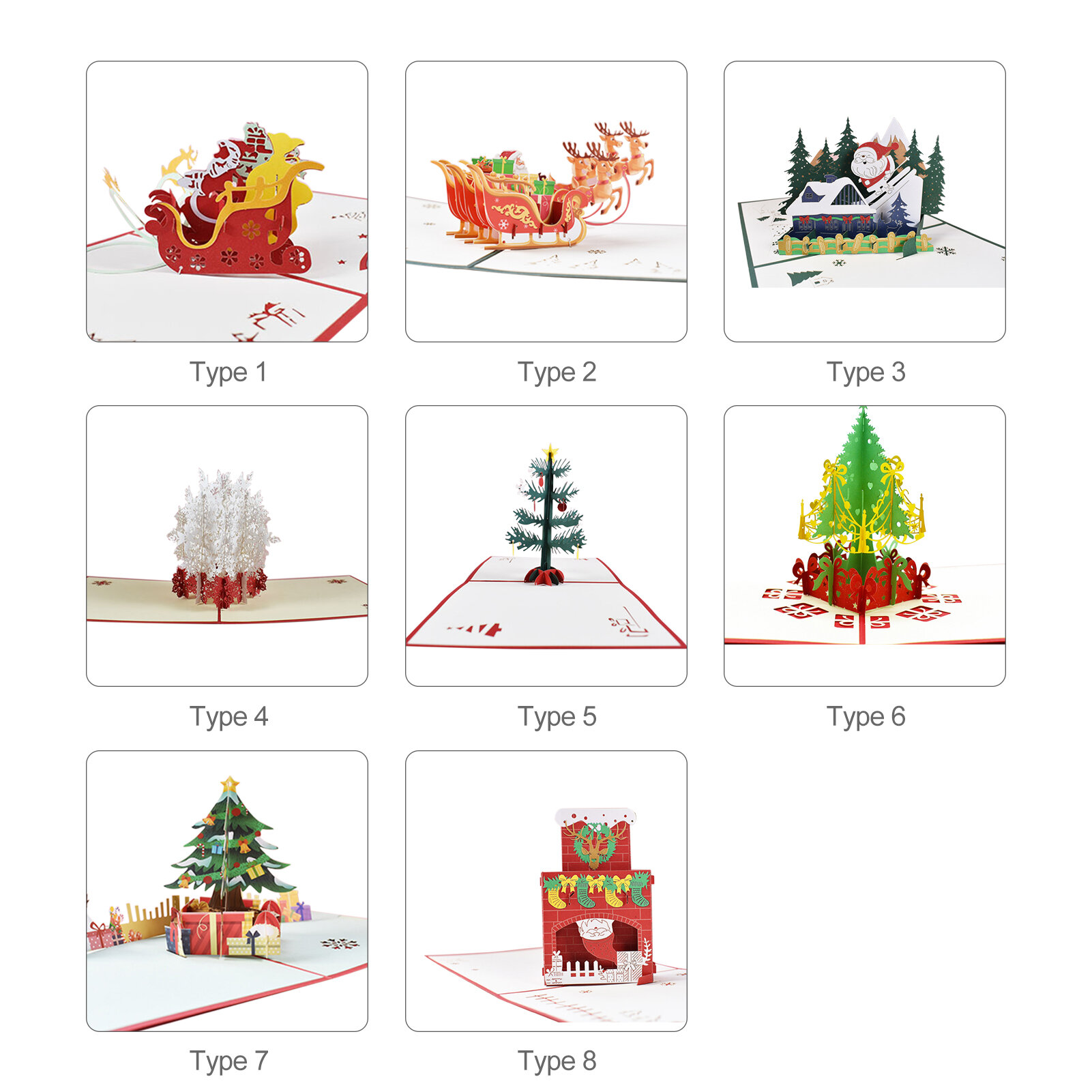 3D Pop Up Christmas Cards с конвертом, украшение для Рождества, узор с елкой и снегом, карты для Нового года и праздников, подарок, Многоцветный, бумага, Type 1, Type 2, Type 3, Type 4, Type 5, Type 6, Type 7, Type 8 (по выбору), размеры: 13*15.5*0.2см,