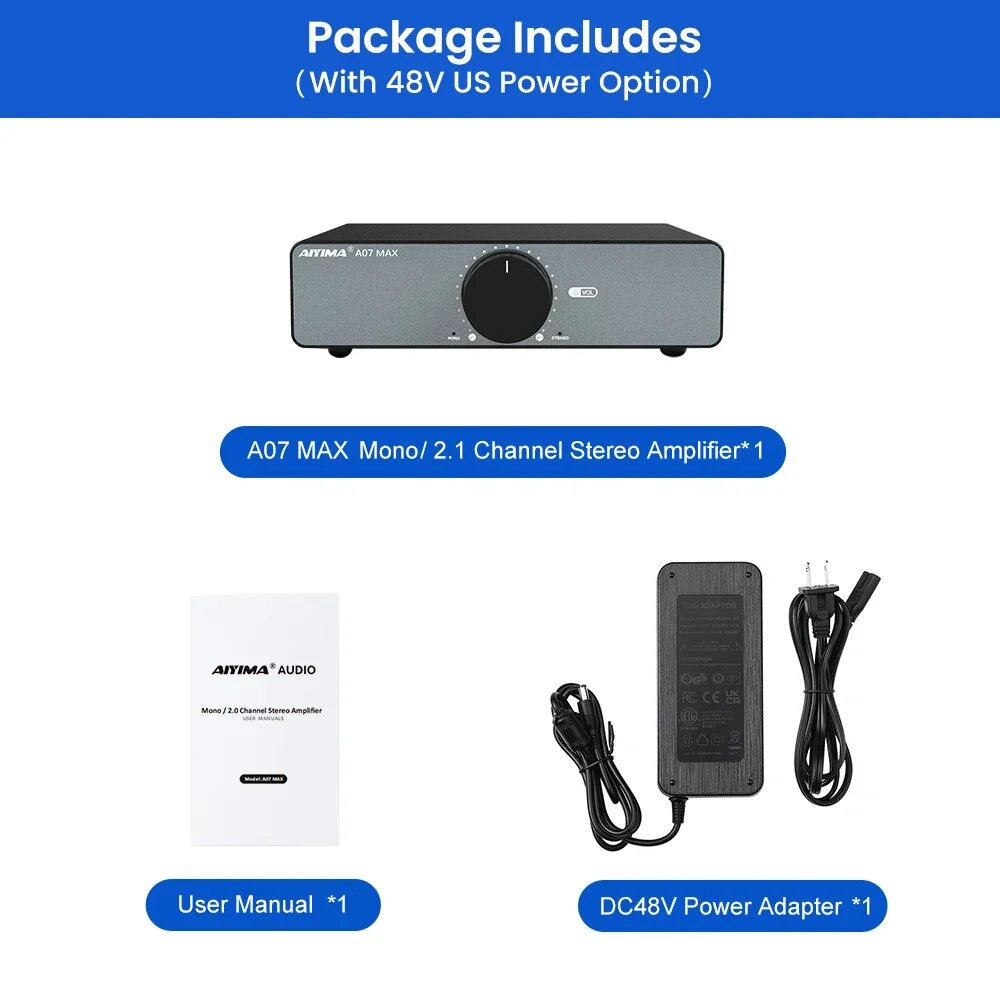 AIYIMA A07 MAX Усилитель мощности 300 Вт with 48V US Plug