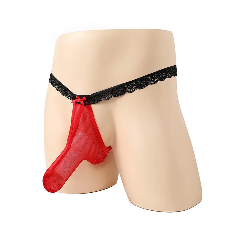 Нижнее белье с бантом, мужские сексуальные трусики с носом слона, сетчатые прозрачные стринги с Т-образной спинкой, стринги, эластичное длинное нижнее белье-футляр для пениса Красный, М, Red black
